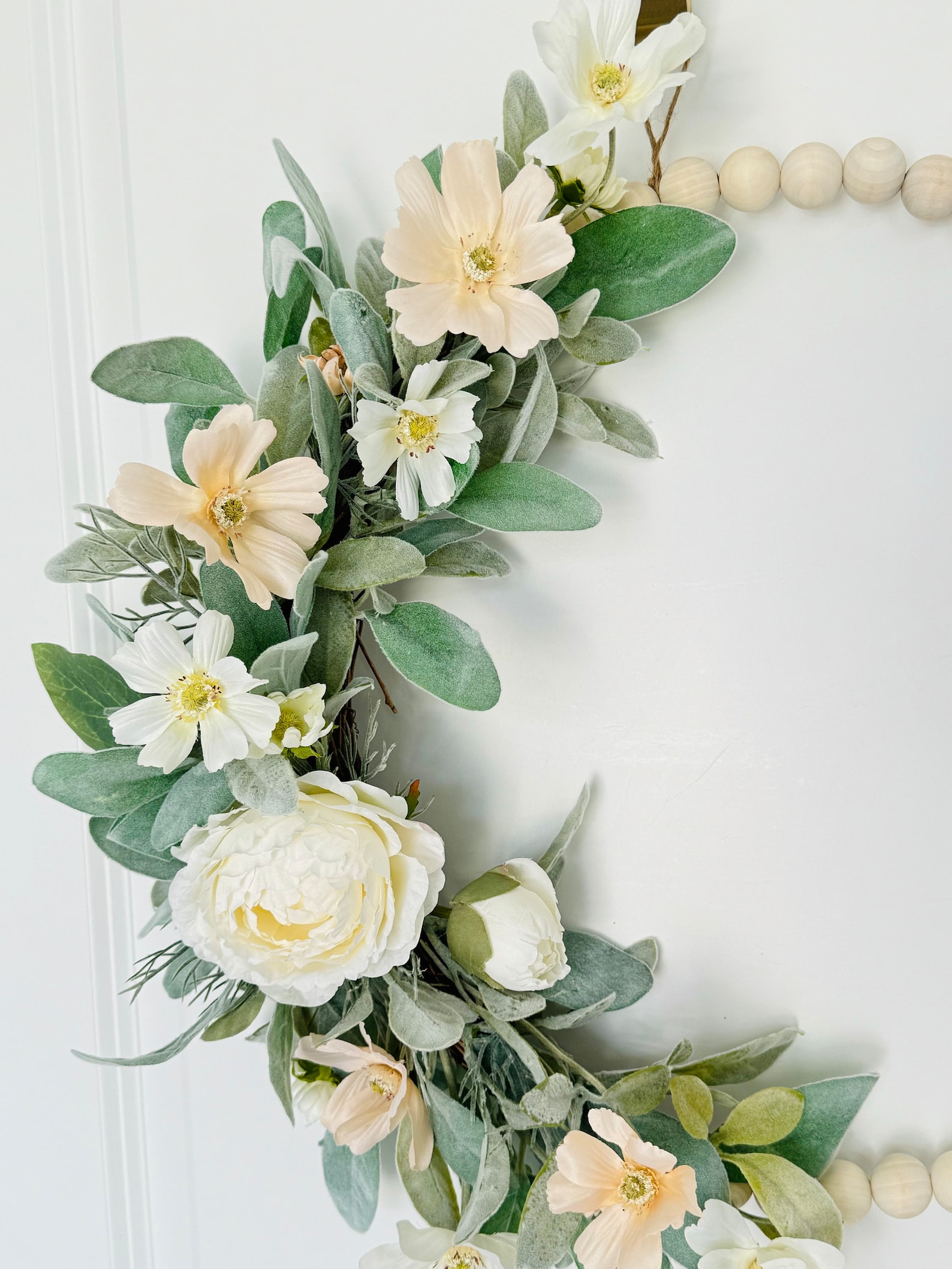 Wooden Bead Wreath With Lambs Ear, Cosmos, Peony or Ranunculus - Modern ...