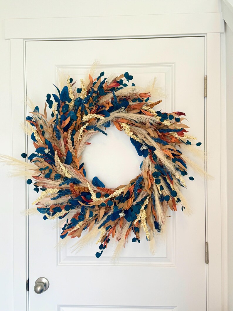 Blue & Orange Fall Wreath – Eucalyptus, Berry, Pampas Grass Decor - Etsy