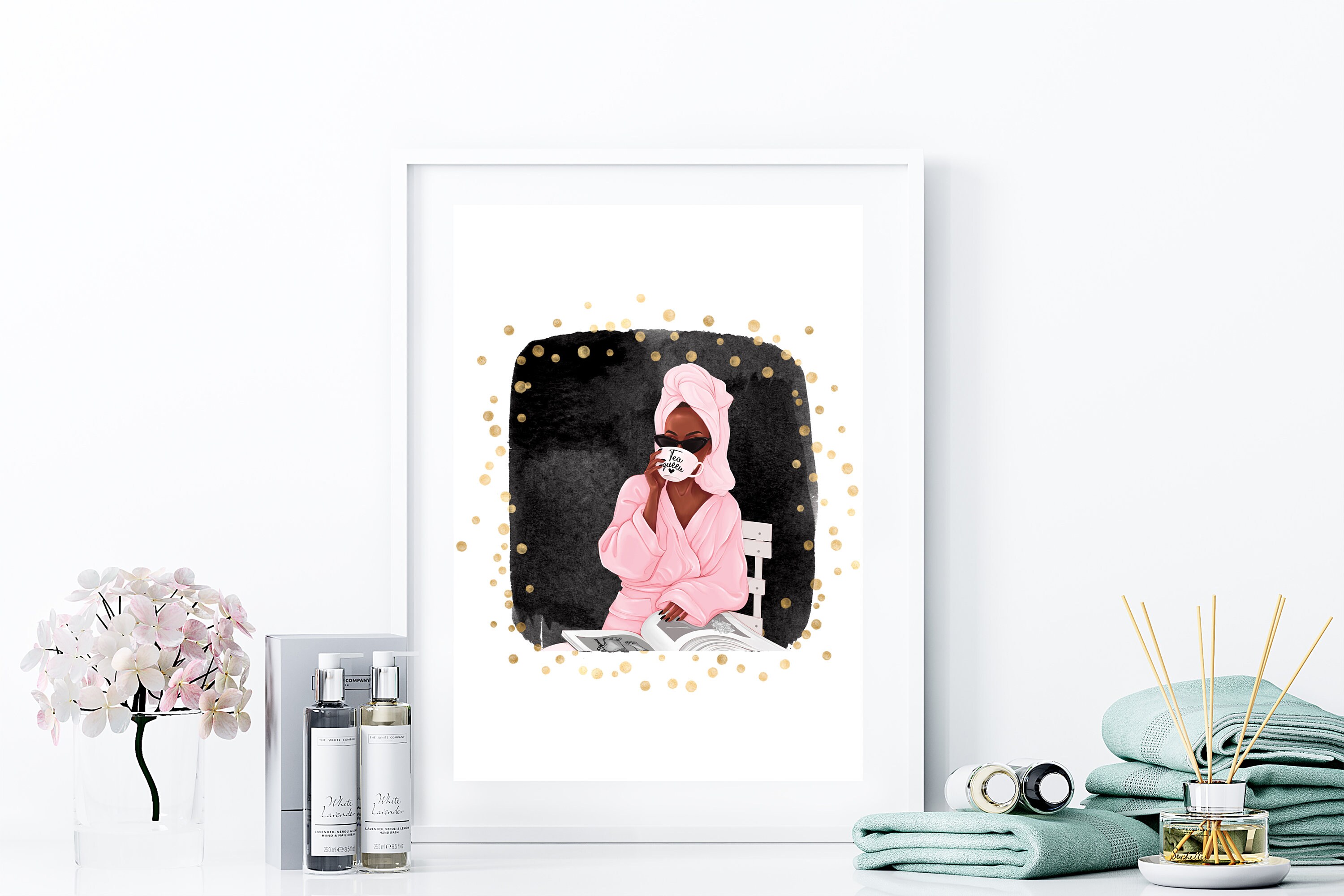 Spa Queen Wall Art, Tea Queen Wall Decor, Pink Robe Woman Art, Digital ...