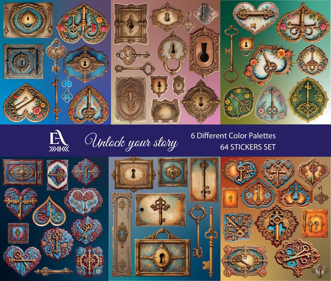 Keyhole & Lock Stickers – 64 Stickers on 6 Sheets for Journaling ...