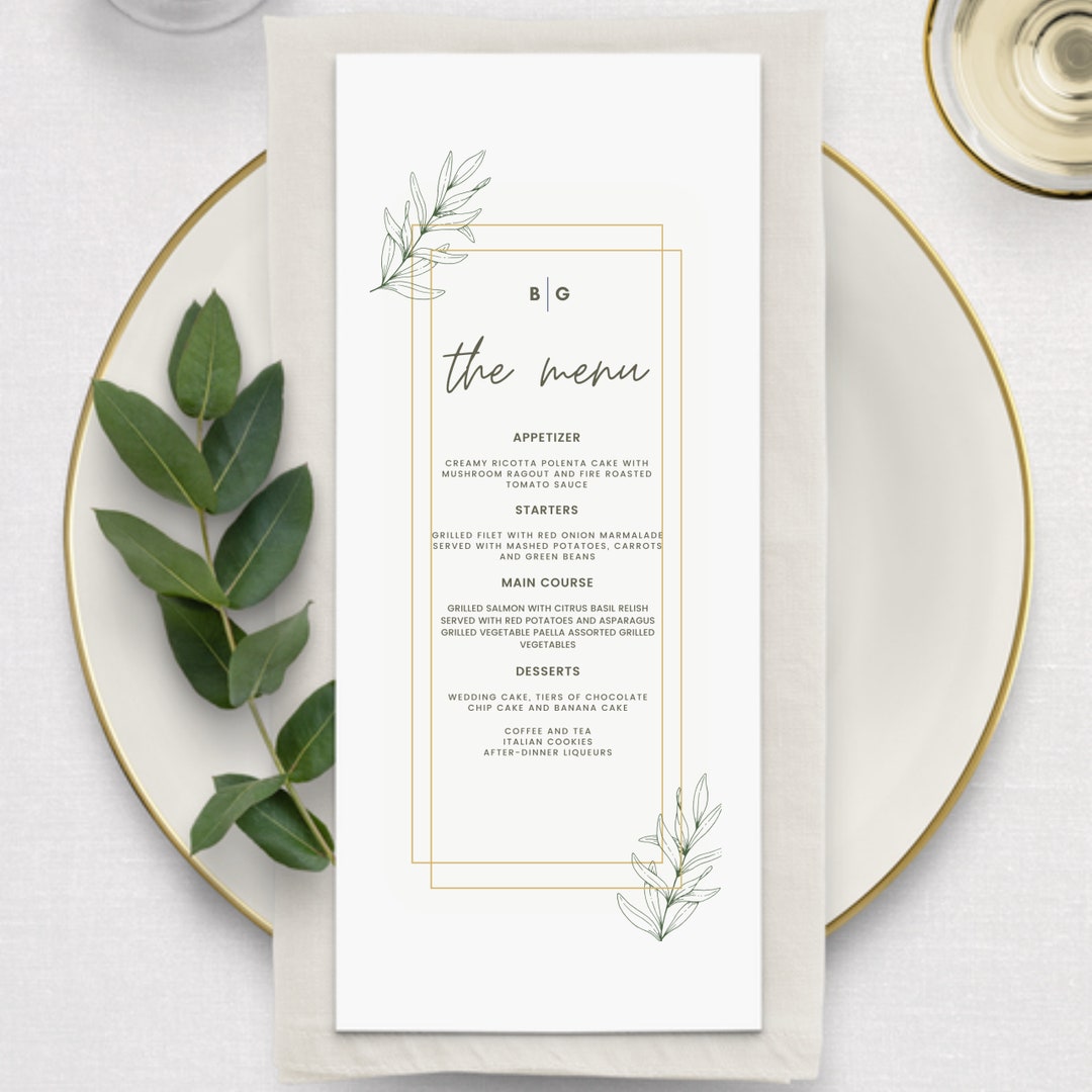 Plantilla de menú de boda clásico dorado, plantilla imprimible, menú de ...