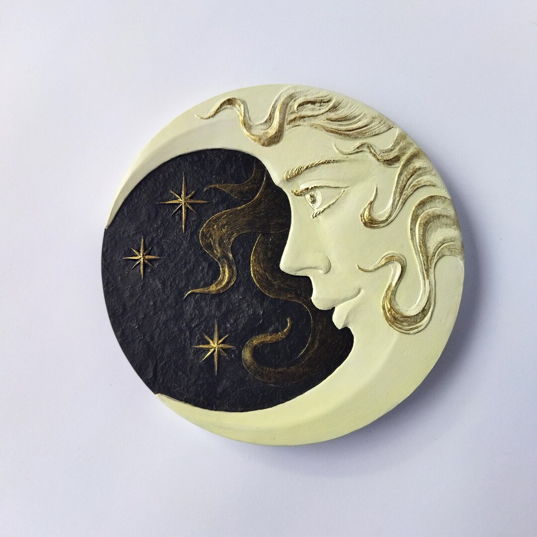 Lunar Goddess of Night: Crescent Moon Relief With Woman in Starry Sky ...