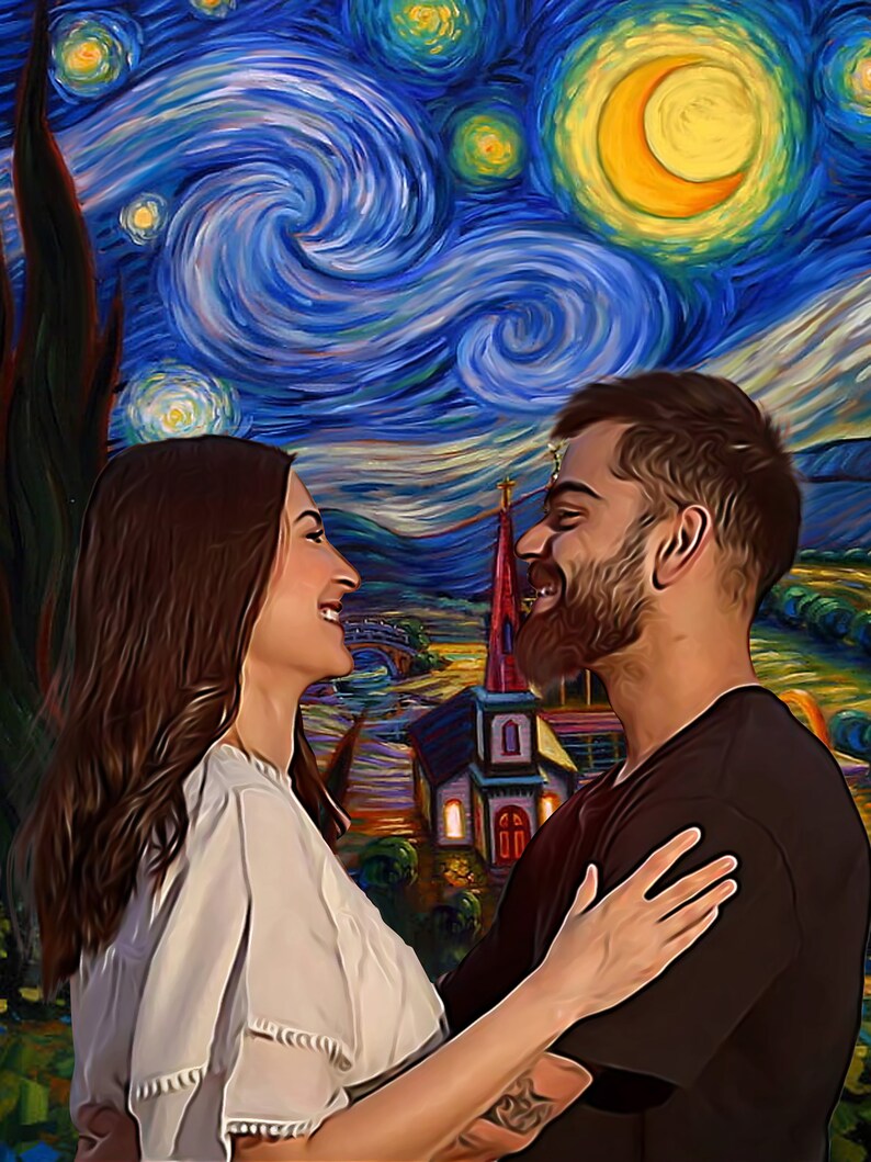 Custom Couple Van Gogh Starry Night Portrait Oil Paint Painting ...