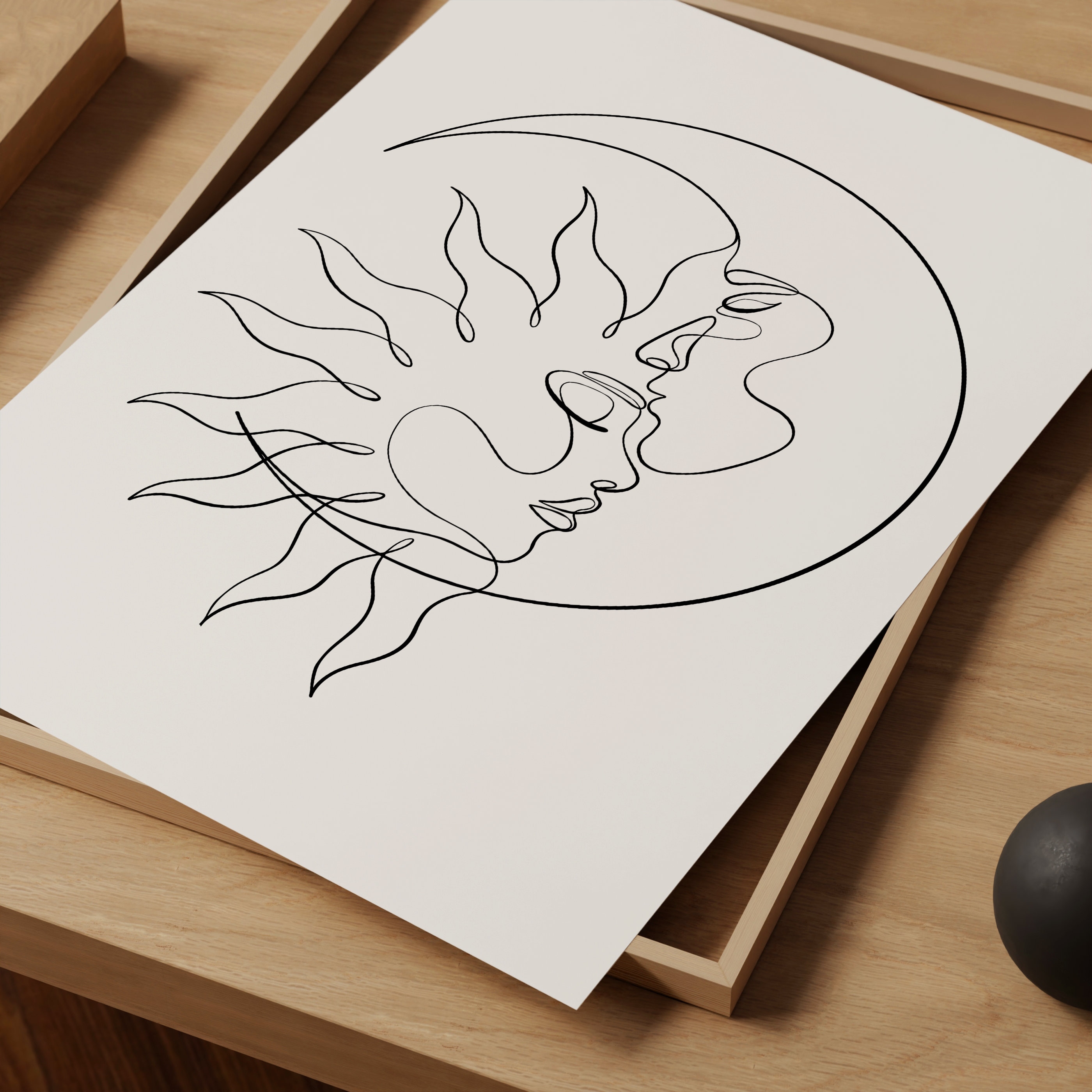 Sun and Moon Kiss Art Print, Moon Kising Sun Forehead Single Line Art ...
