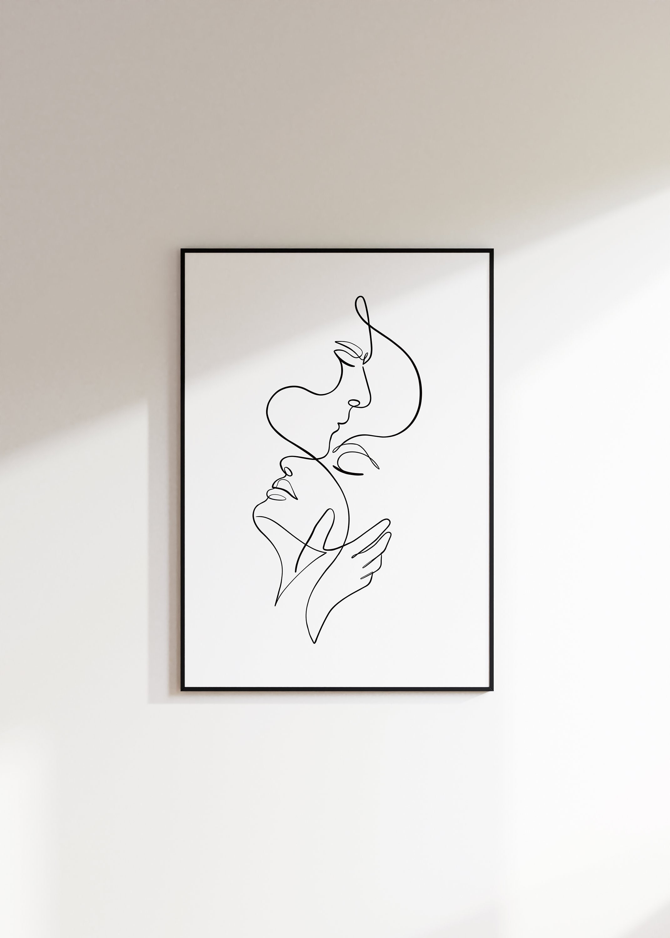Couple 2 Faces Kissing Line Art Print, Forehead Kiss Lovers Wall Art ...