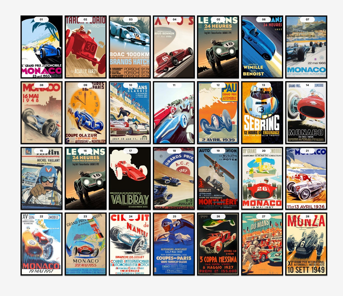 Vintage Car Racing Poster Set of 56, Retro Style Original Print Between ...
