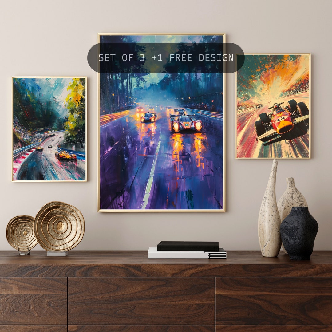 Vintage Car Racing Art Print Set: Monza, Le Mans, Silverstone (digital ...
