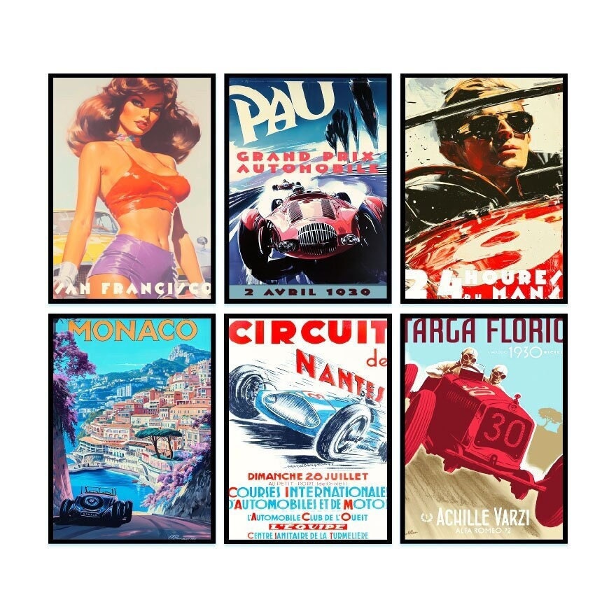 Vintage Car Racing Poster Set of 6, Retro Style Original Print From the ...
