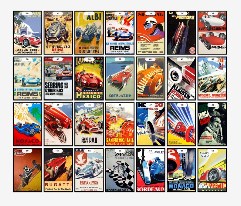 Vintage Car Racing Poster Set of 56, Retro Style Original Print Between ...