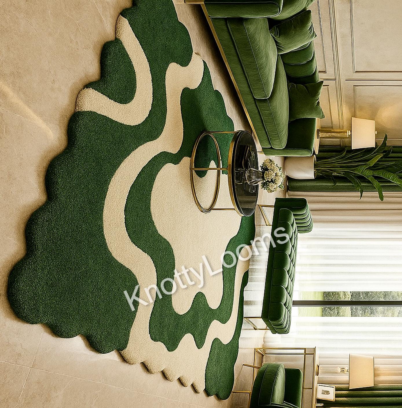 Modern Abstract Green Beige Rug, Hand Tufted Wavy Pattern Carpet ...
