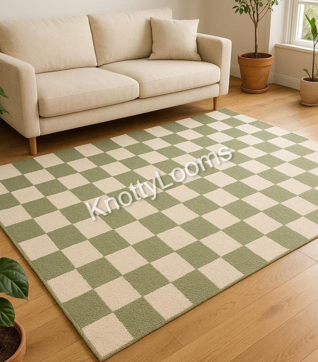 Modern Green and Beige Check Area Rug, Hand Tufted Geometric Carpet ...