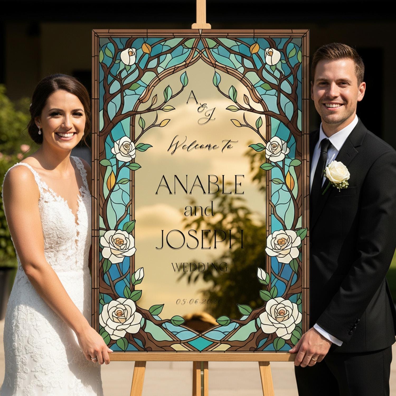 Floral Stained Glass Wedding Sign, Blue Wedding Welcome Signs, Custom ...