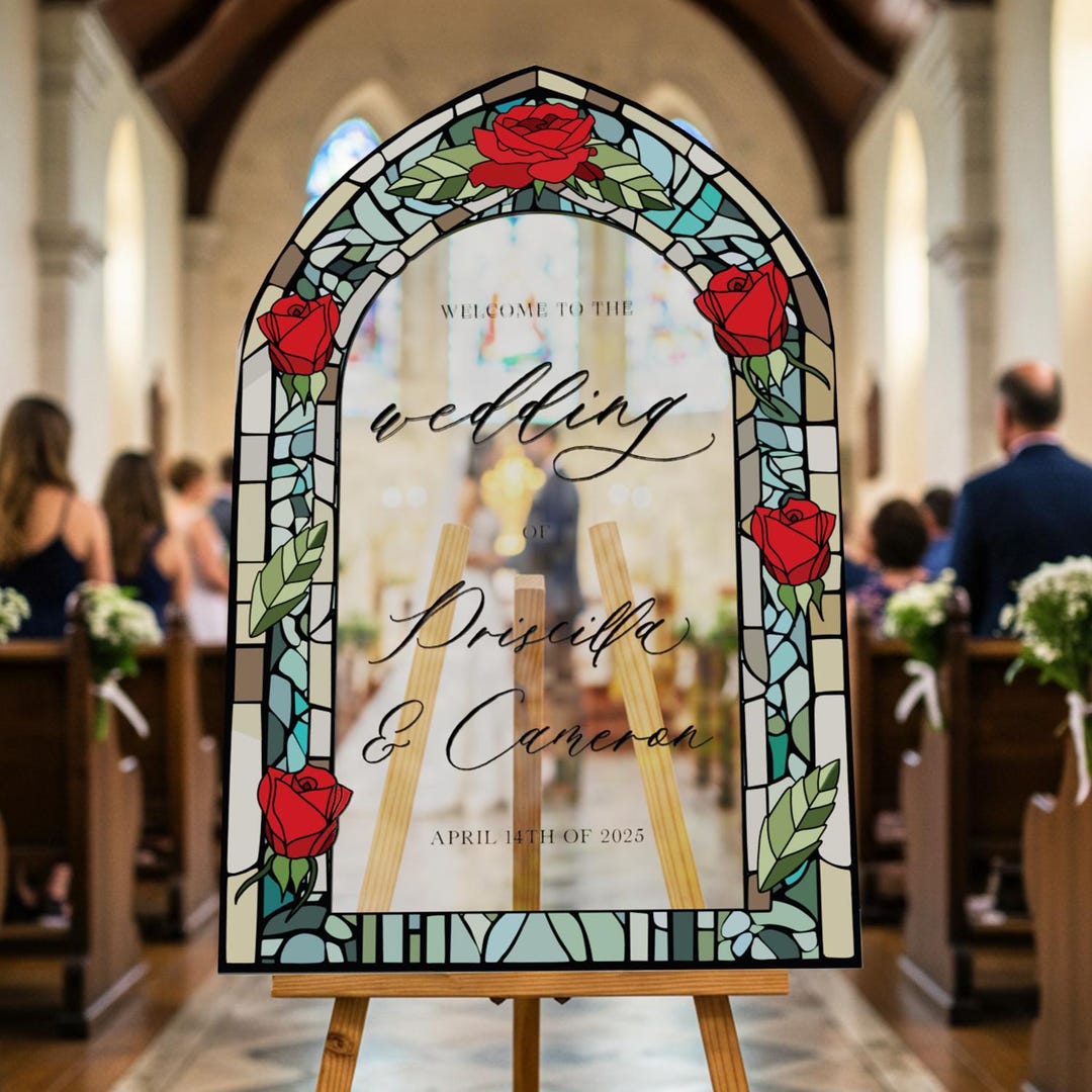Stained Glass Wedding Sign, Custom Acrylic Red Roses Wedding Welcome ...