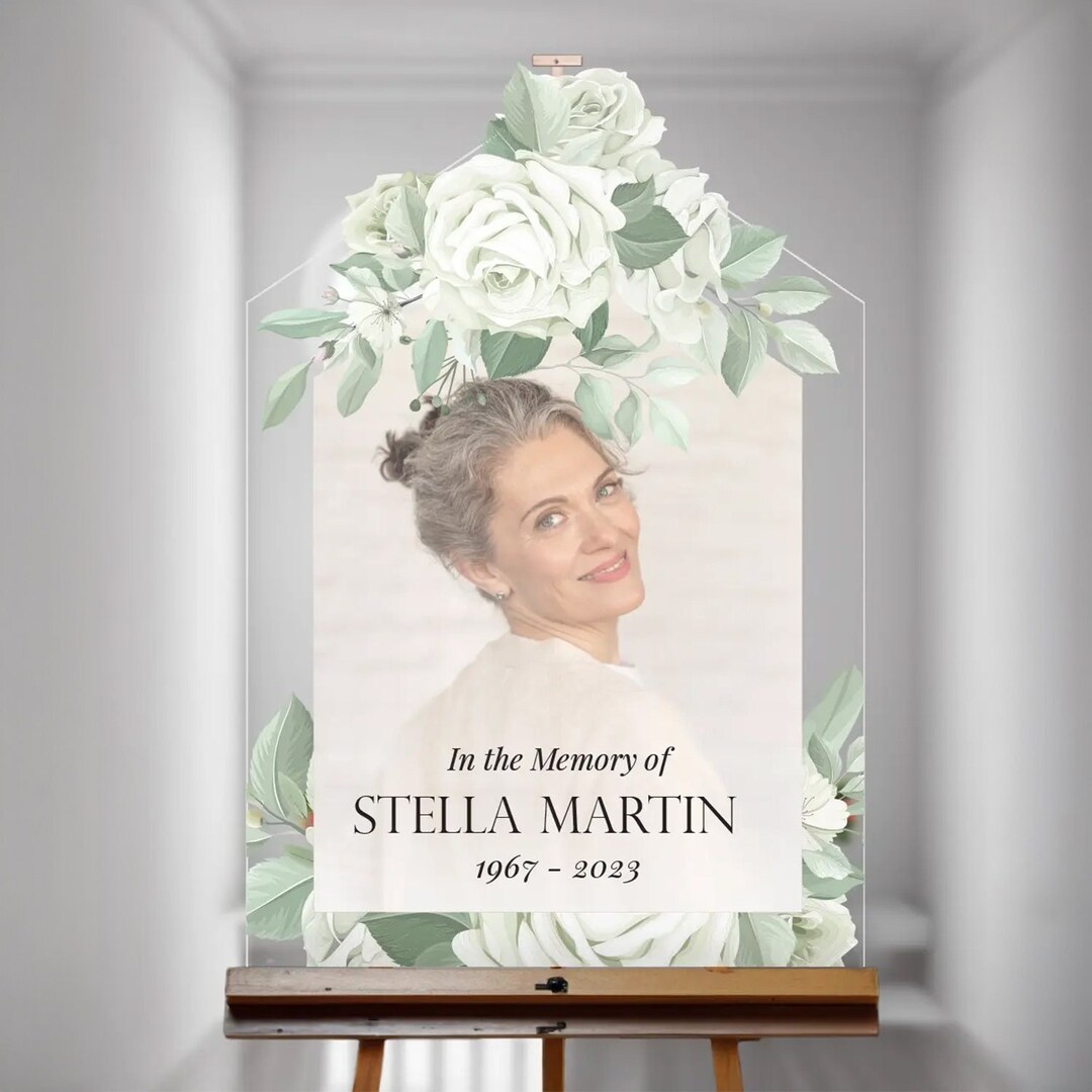 In Loving Memory Sign, White Roses Funeral Welcome Sign With Photo ...