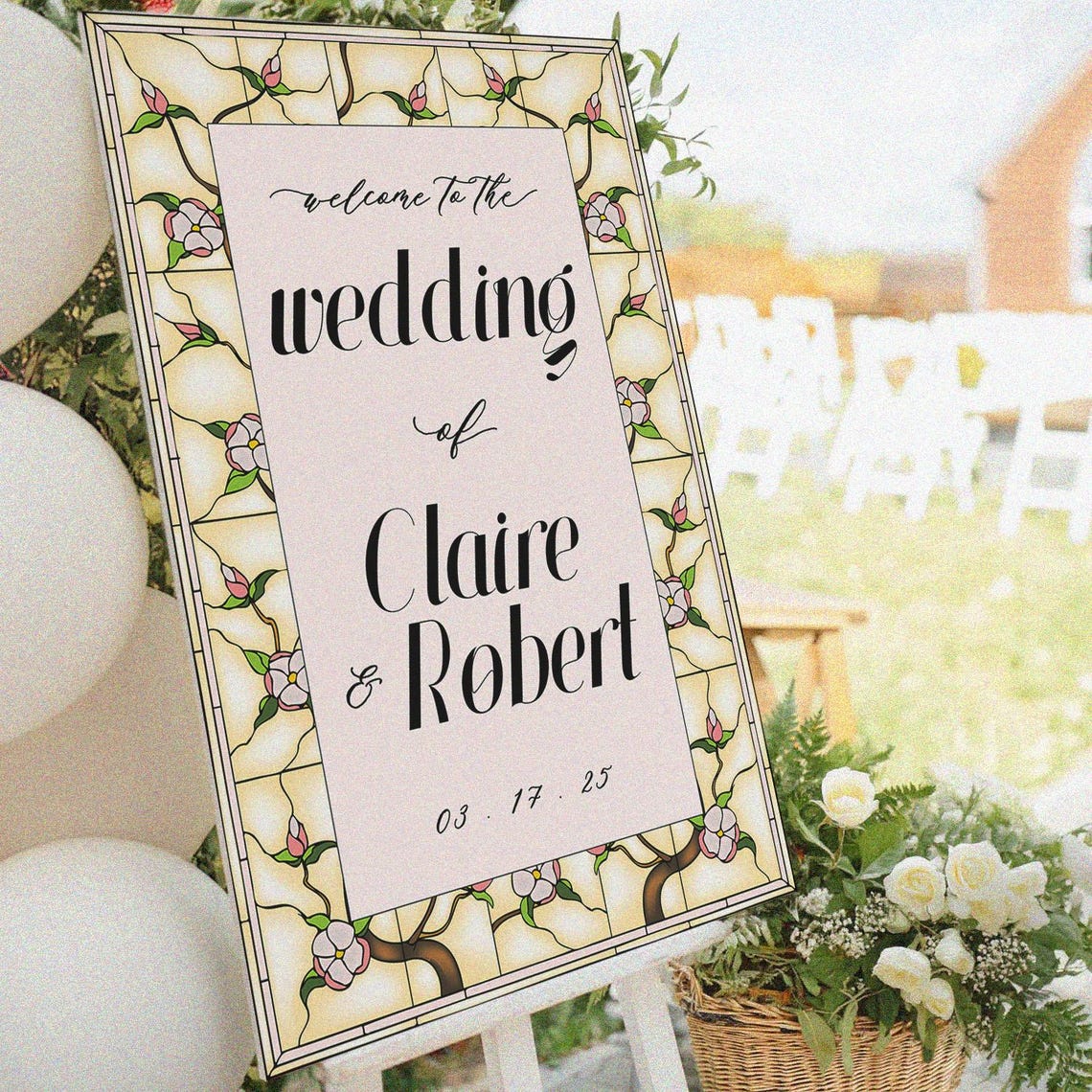 Floral Stained Glass Wedding Welcome Sign, Cream Blossom Decor - Etsy