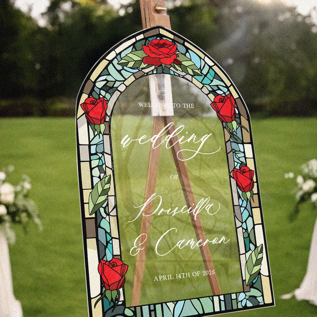 Stained Glass Wedding Sign, Custom Acrylic Red Roses Wedding Welcome ...