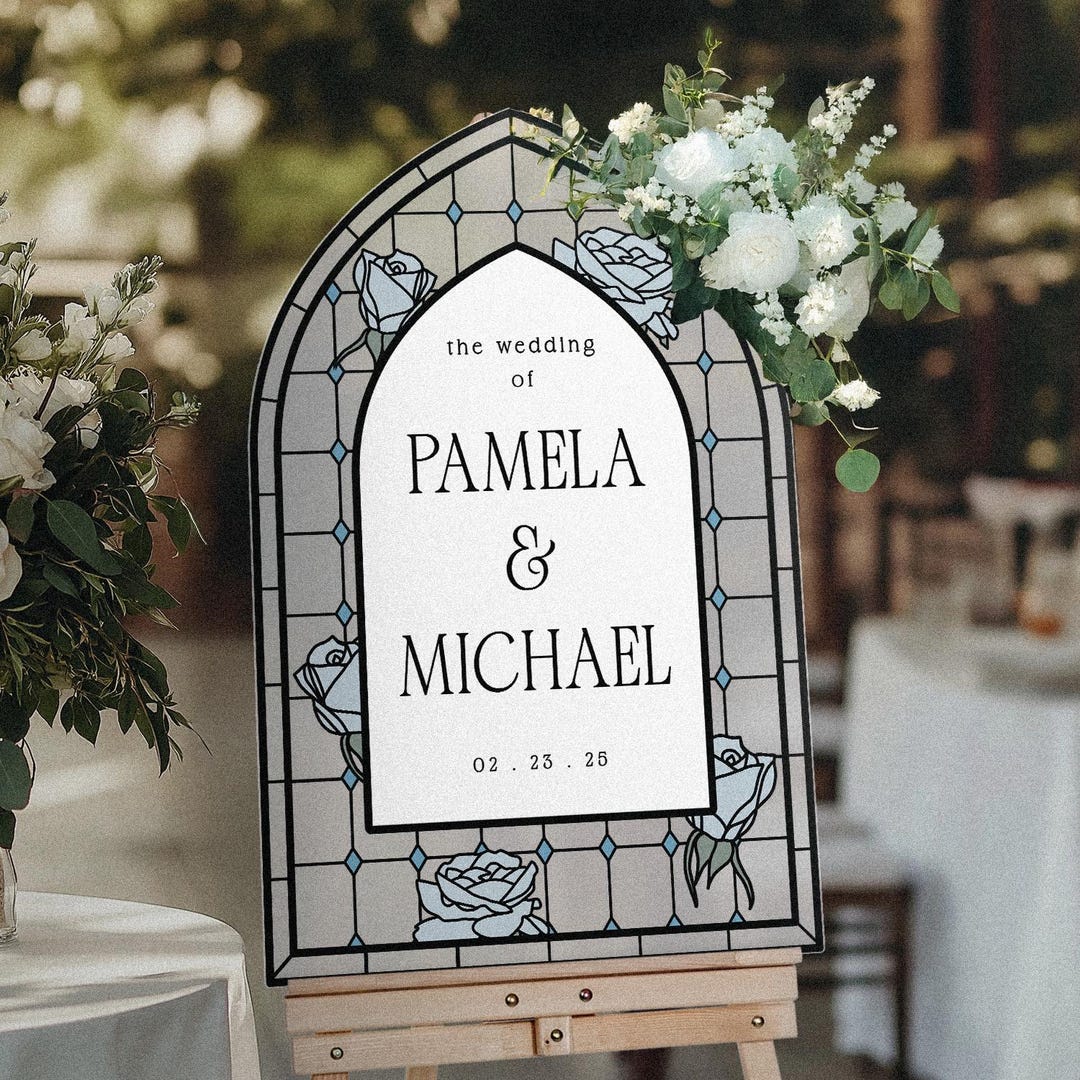 Stained Glass Wedding Sign, Blue Roses Wedding Welcome Sign, Frosted or ...