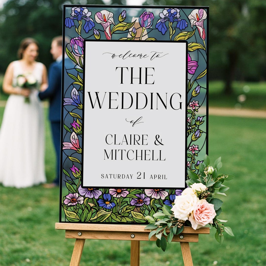 Stained Glass Wildflower Wedding Welcome Sign, Purple Floral Decor - Etsy