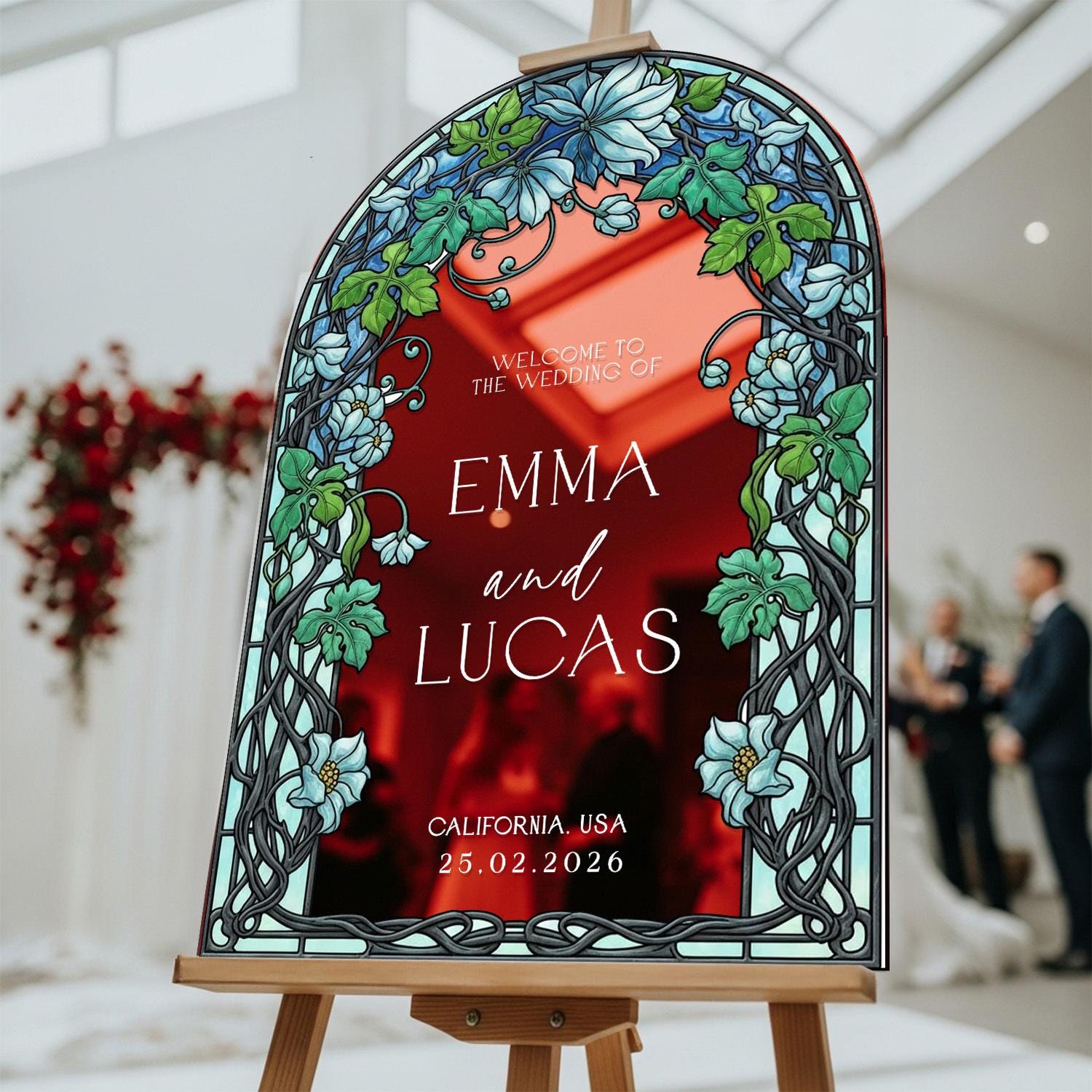Garden Vine Stained Glass Wedding Sign, Blue Floral Wedding Welcome ...