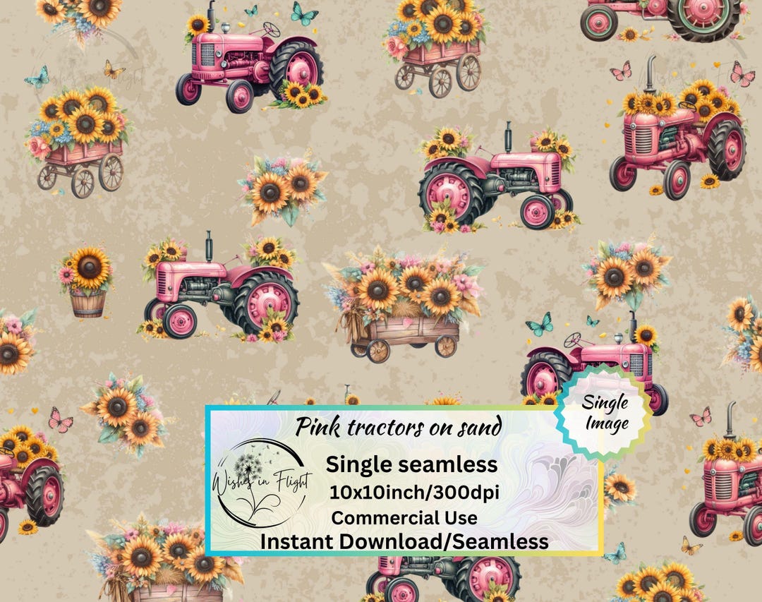 Pink Farm Tractors & Sunflowers on Sand Seamless Design, Farm Girl ...