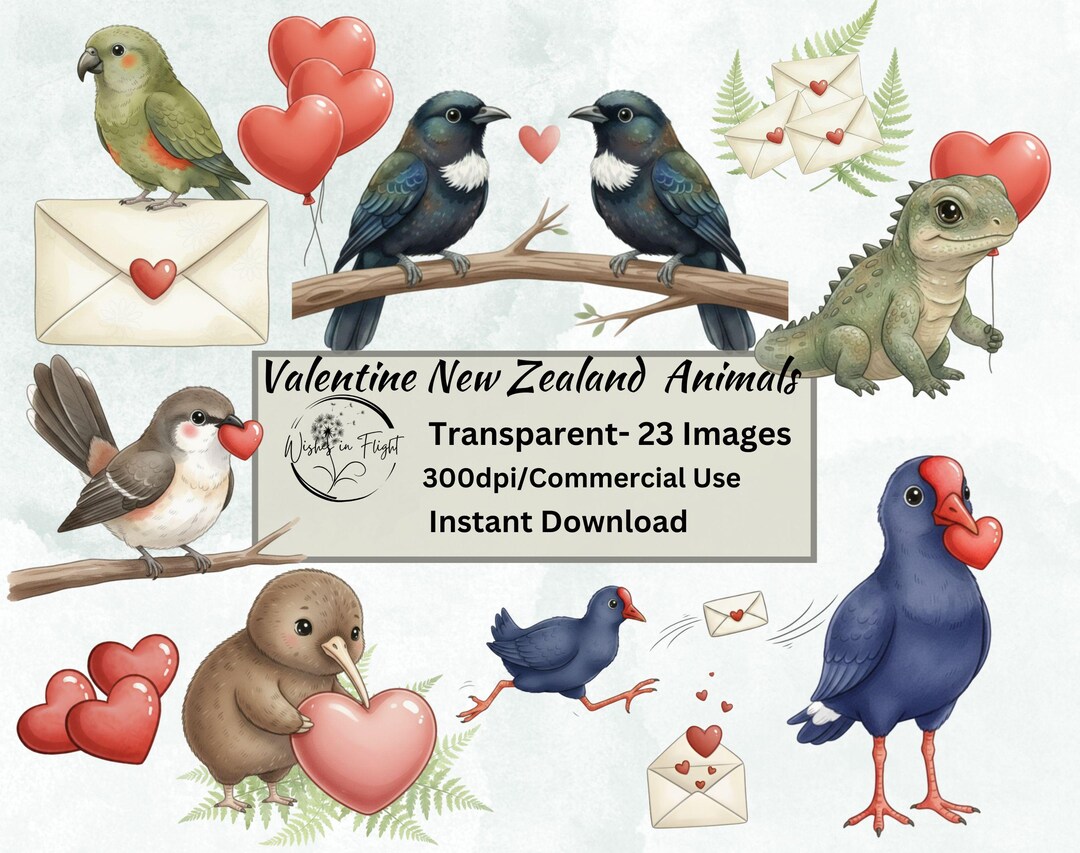 New Zealand Valentine Animal Clipart, Kiwi Tui Penguin Dolphin PNG ...