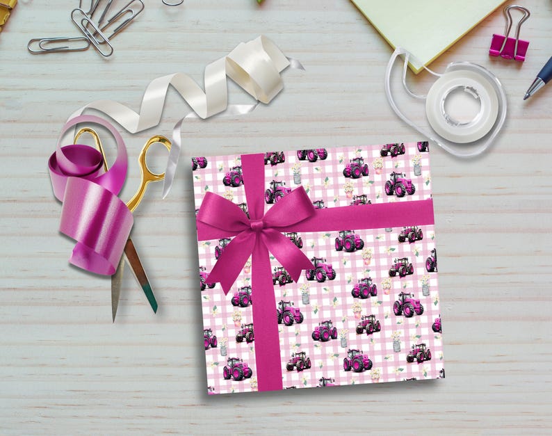 Pink Farm Tractors Gingham Seamless Design, Farm Girl, Tractors for ...