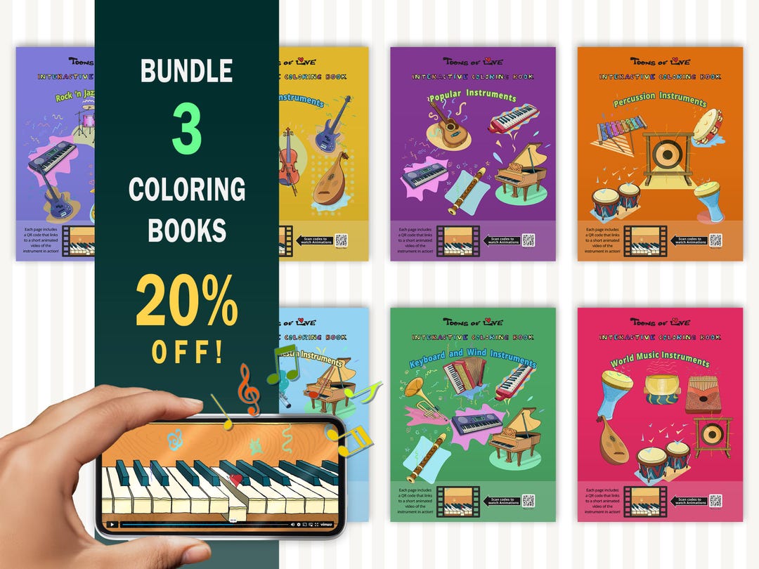Animated Coloring Book Bundle of 3, Printable Instrument Art | for ...