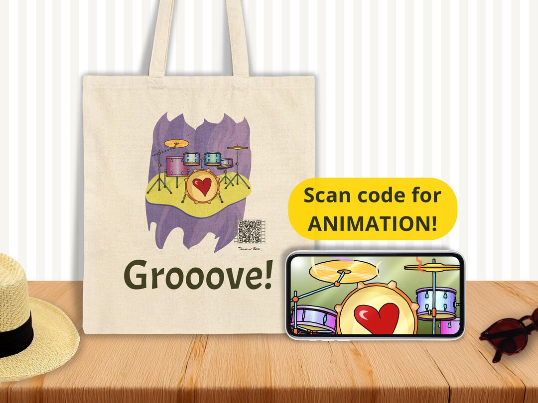 Personalized Drum Set Canvas Tote Bag: Animated QR Code, Music Lover ...