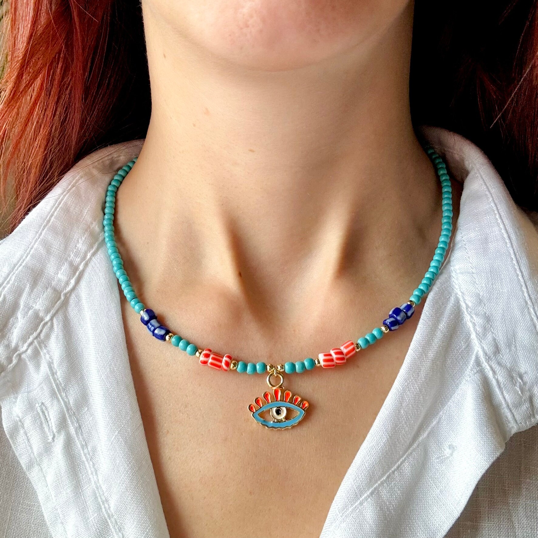 Evil Eye Necklace With Beads, Handmade Jewelry for Her, Gift for ...