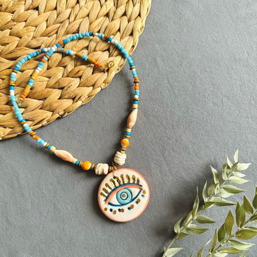 Ceramic Evil Eye Necklace, Handmade Jewelry With Pendant, Evil Eye Gift ...