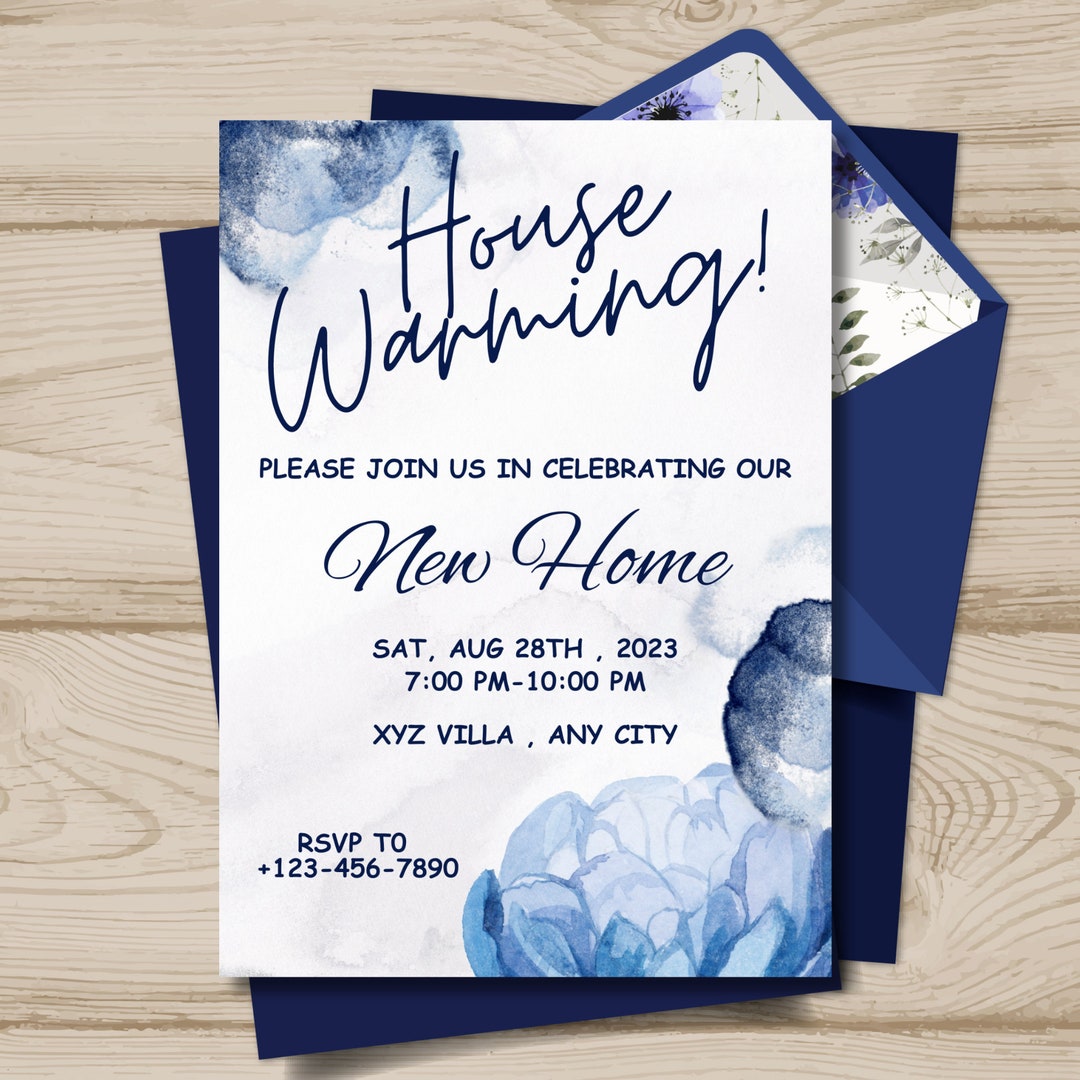 House Warming Blue Navy Flowers Invitation Printable , New Home Open ...