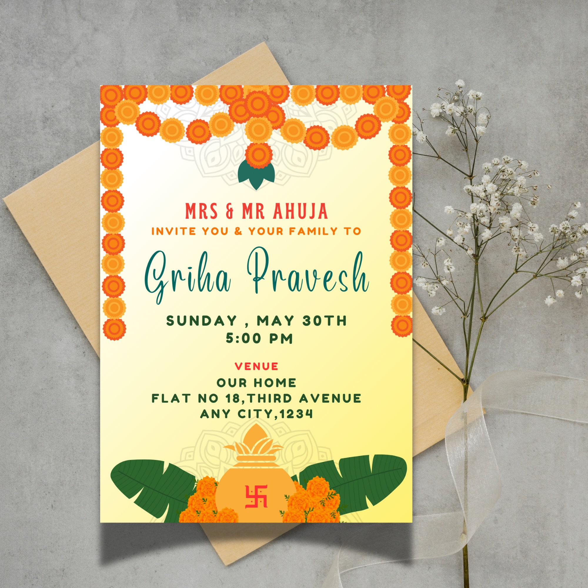 Editable Griha Pravesh Invitation, Printable Gruhapravesam Invite ...