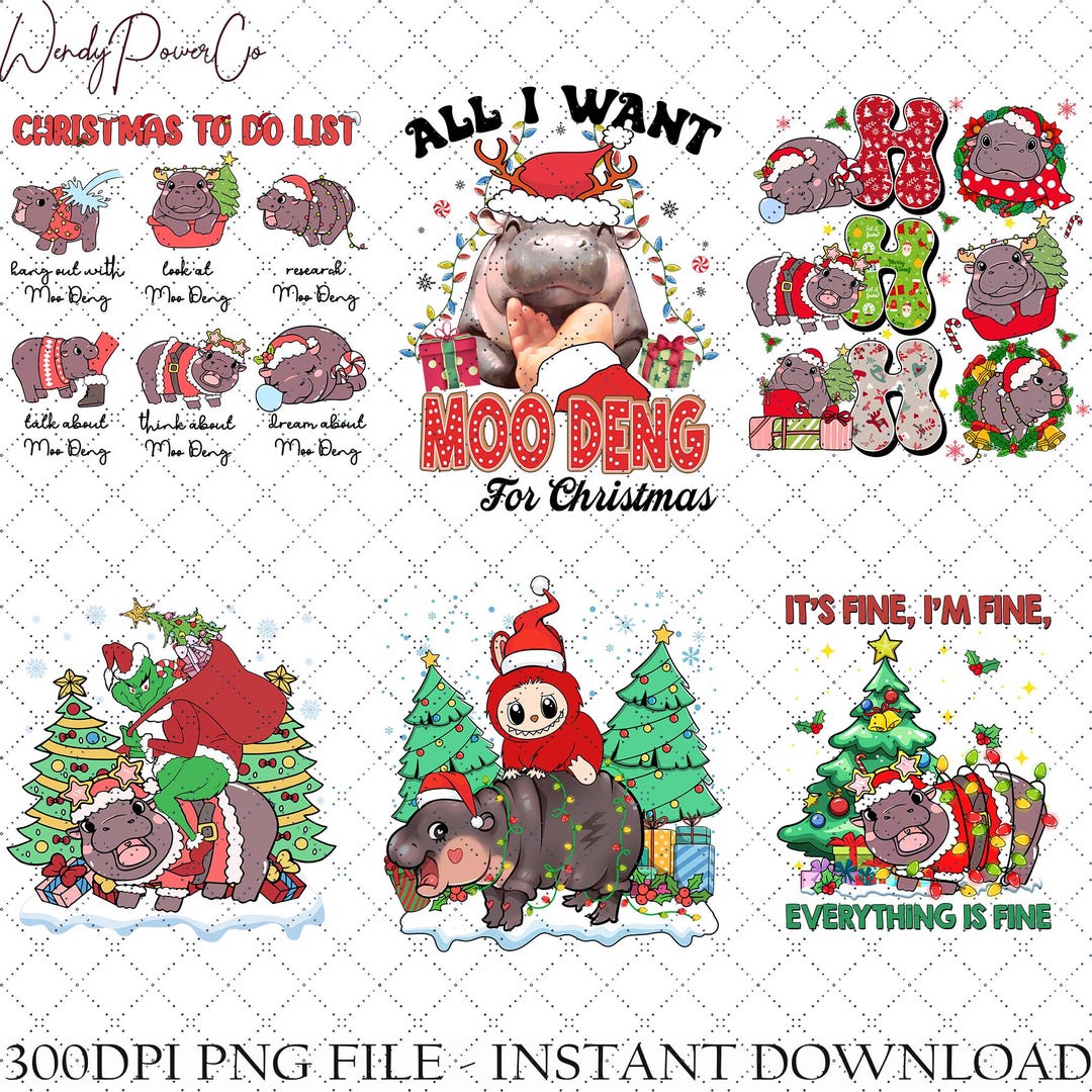 Moo Deng Christmas Png Bundle, Moo Deng Bootleg PNG, Baby Hippo Png ...