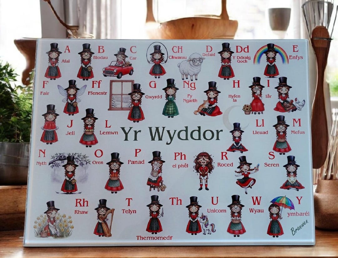 Large Welsh Alphabet Glass Worktop Saver, Chopping Board, Welsh Lady ...