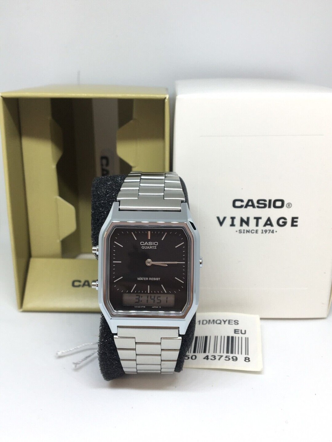 Casio Mens Vintage Retro Dual Display Silver Bracelet BLACK Dial Watch ...