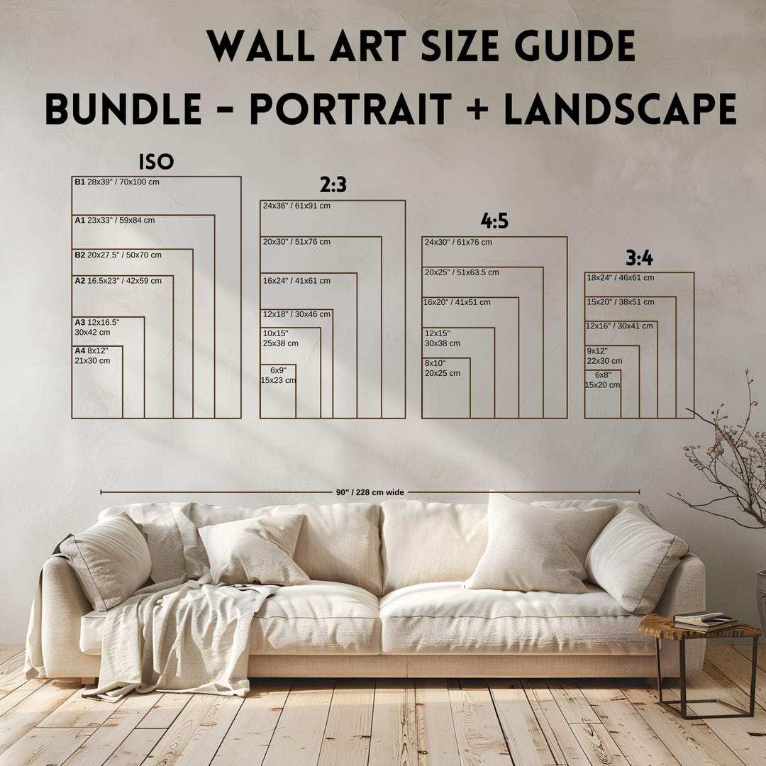 Sofa Wall Art Size Guide Bundle, Photo Size Guide, Poster Size Chart ...