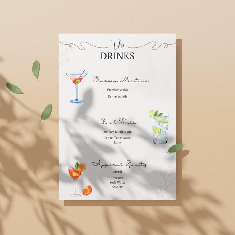 Printable Watercolor Cocktail Menu Template, Stickers Included ...