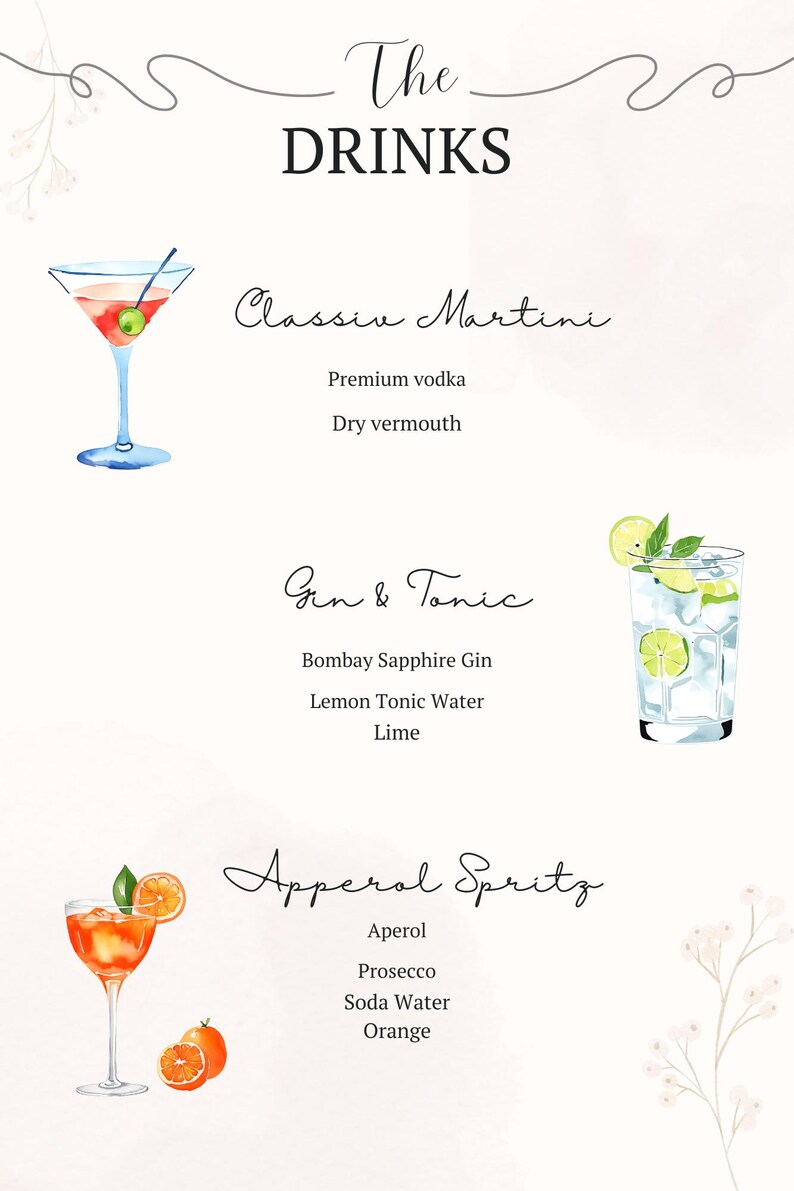 Printable Watercolor Cocktail Menu Template, Stickers Included ...