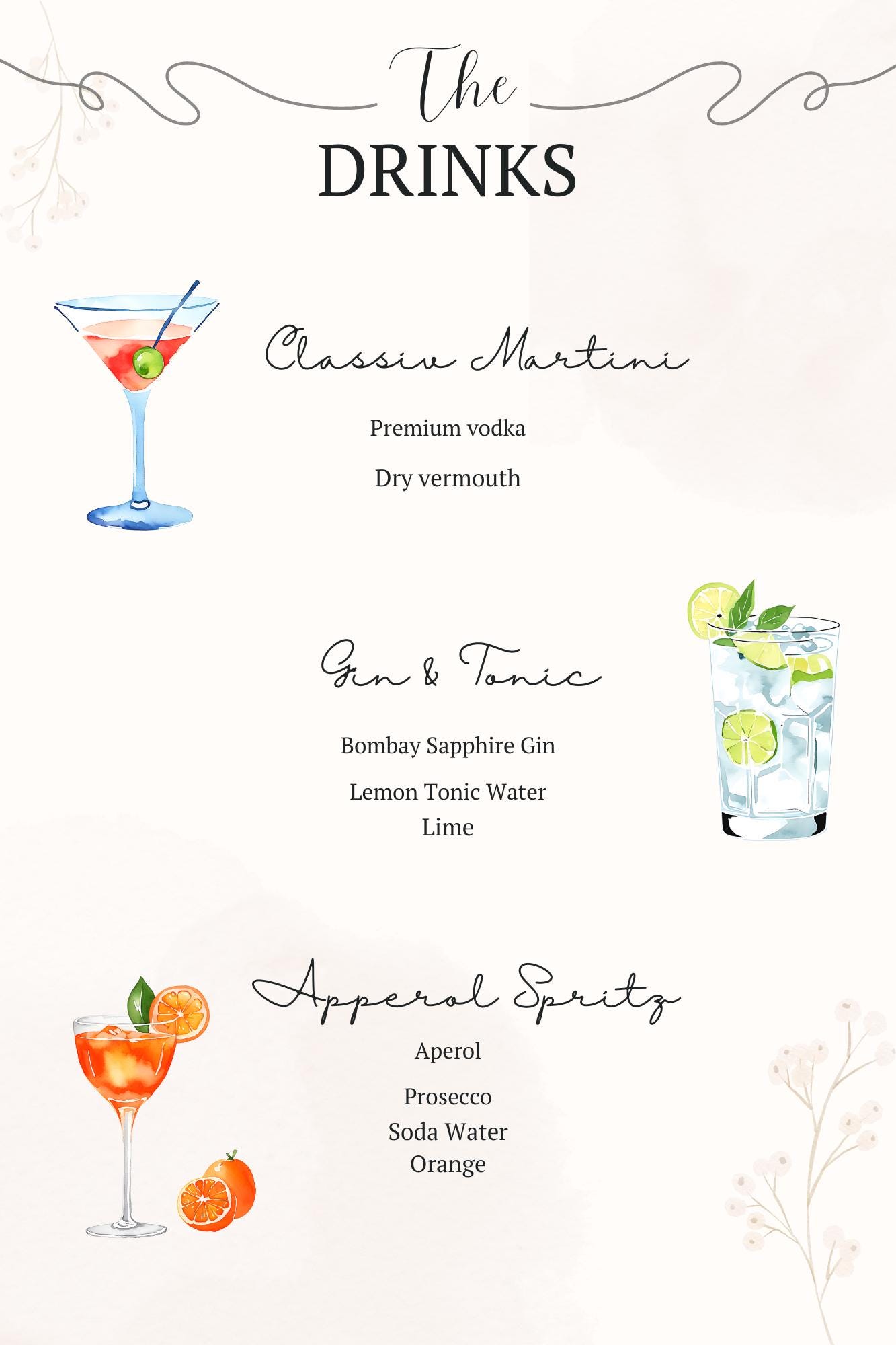 Printable Watercolor Cocktail Menu Template, Stickers Included ...