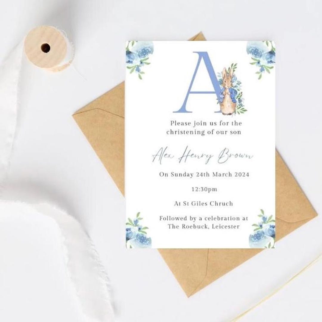 Peter Rabbit Initial Christening Invitation Cute Invite for Baby Boys ...