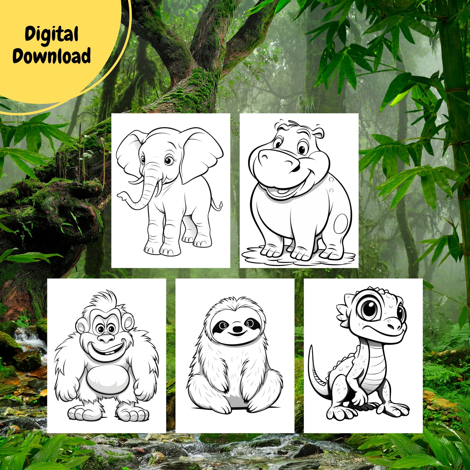 Jungle Safari Animal Coloring Pages for Kids and Toddlers, 20 Coloring ...