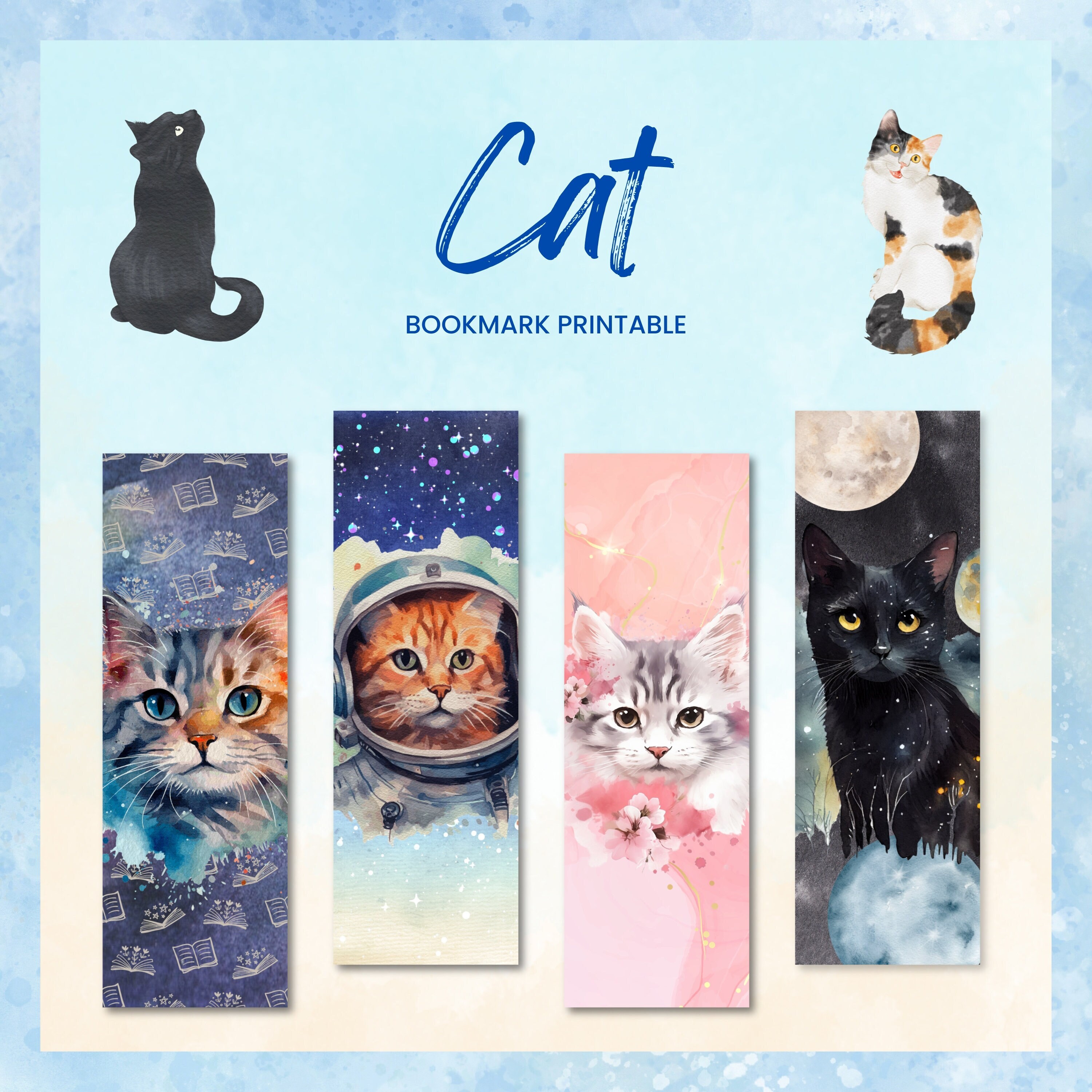 Cat Bookmarks Printable, Includes 4 Bookmarks, Watercolor Bookmarks ...