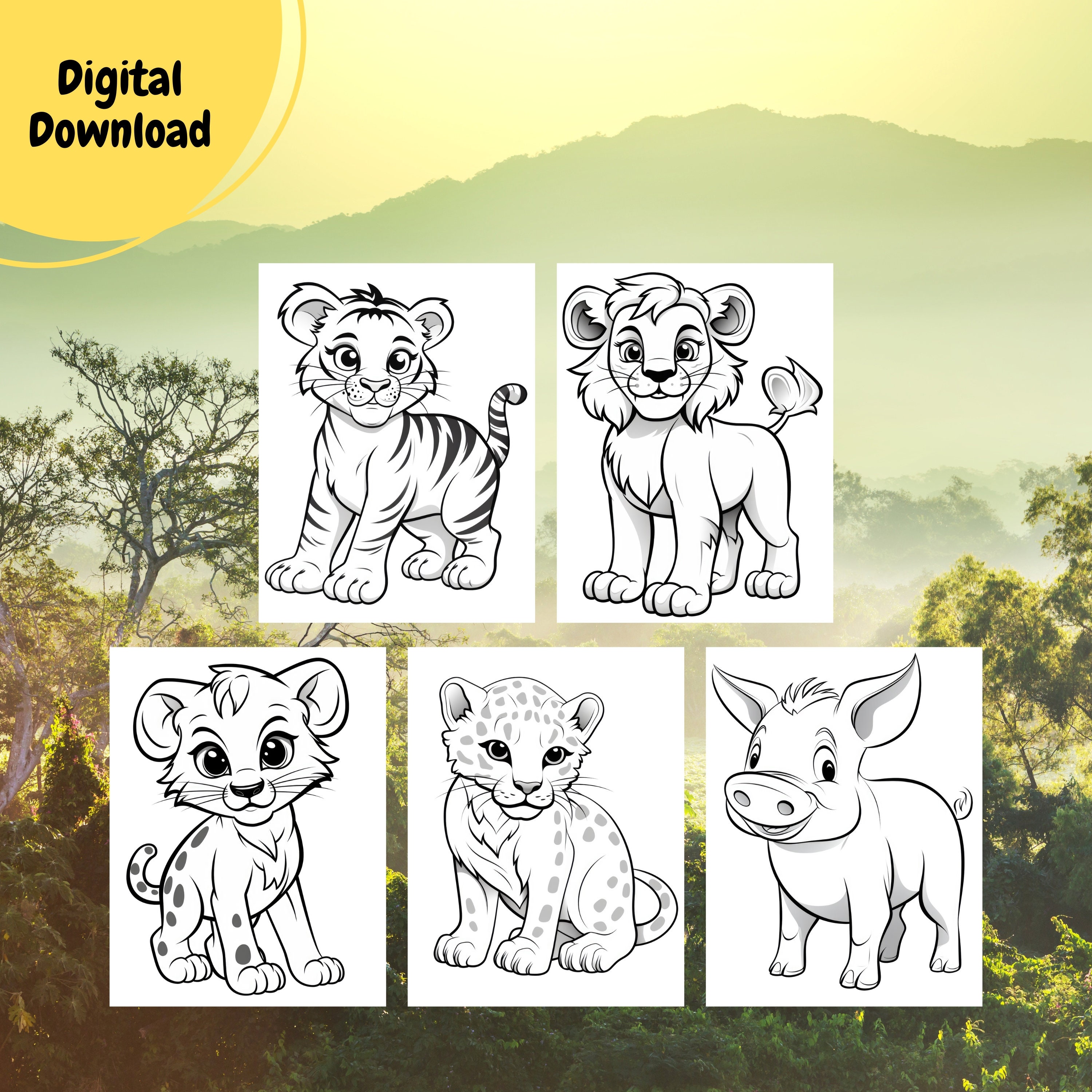 Jungle Safari Animal Coloring Pages for Kids and Toddlers, 20 Coloring ...
