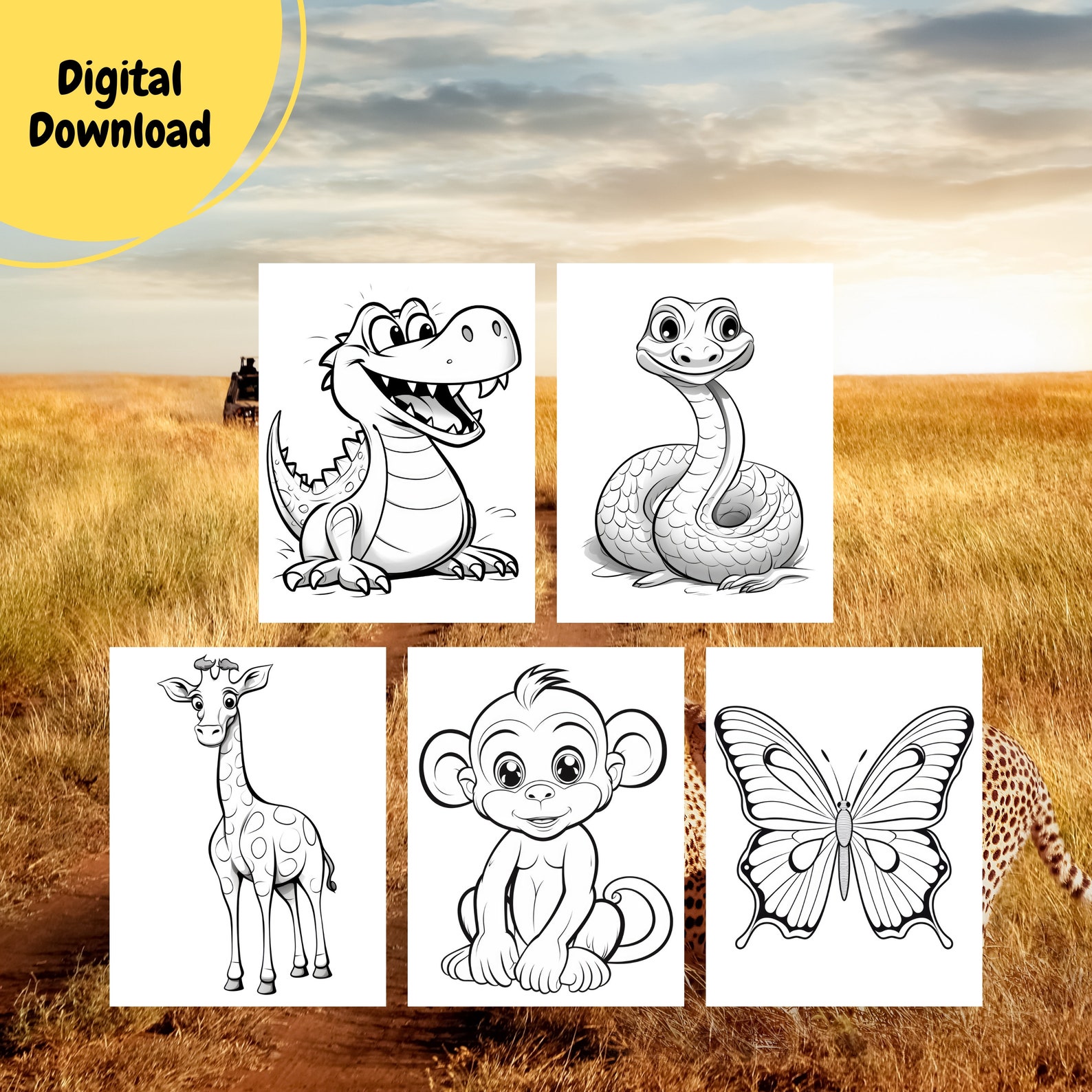 Jungle Safari Animal Coloring Pages for Kids and Toddlers, 20 Coloring ...