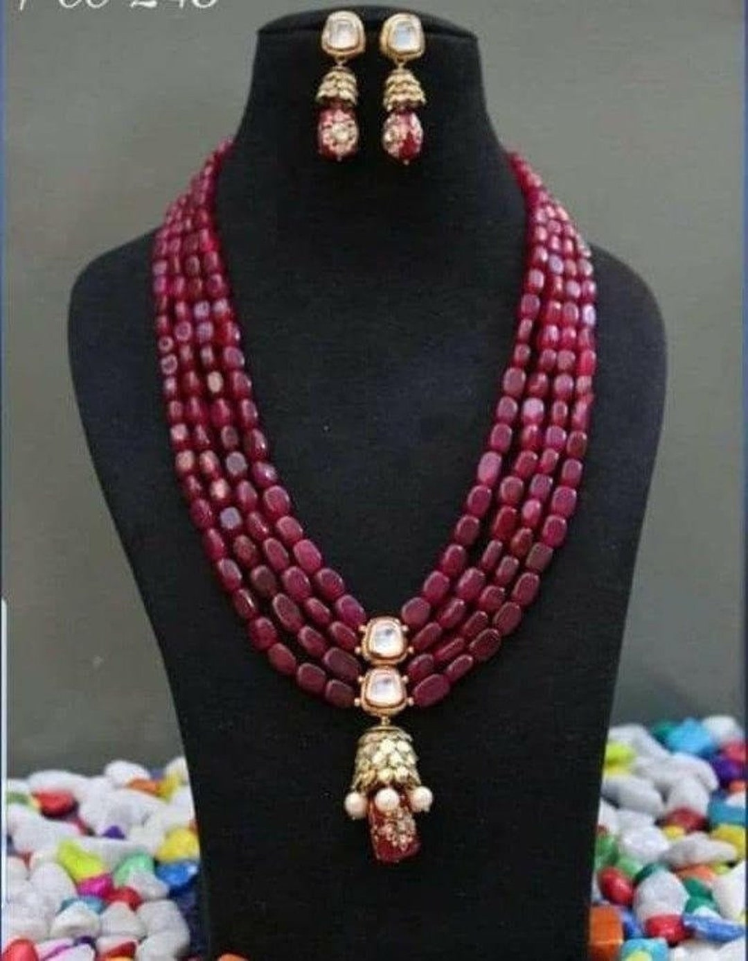 Red Onyx and Pearls Necklace / Pink Onyx Multistrand Necklace ...