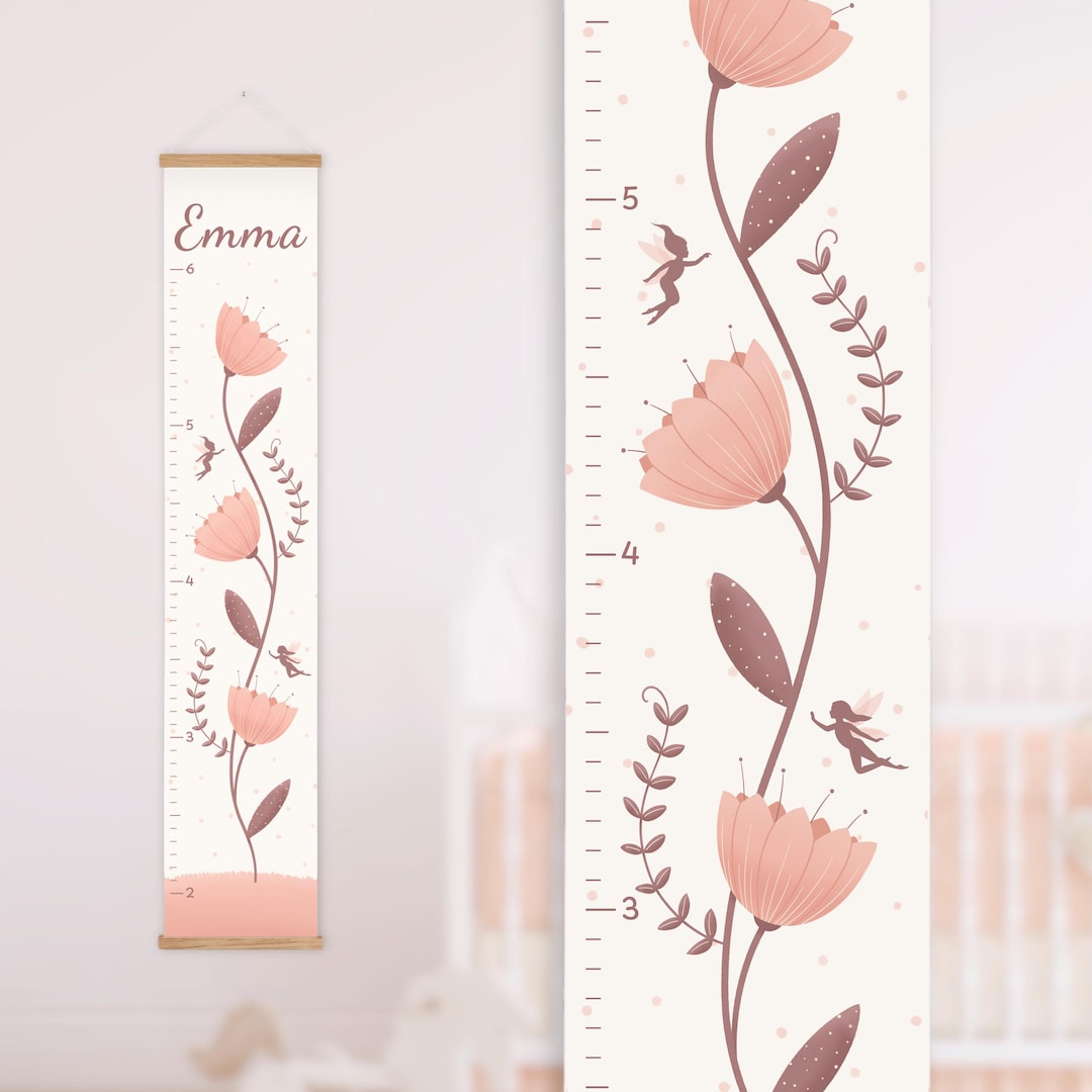 Personalized Fairies Growth Chart for Girls, Pink Floral Height Chart ...