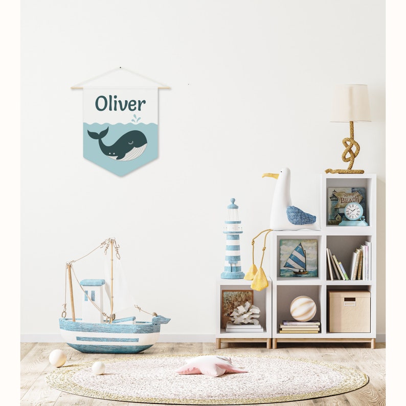 Personalized Whale Name Sign, Customized Nautical Wall Pennant, Ocean ...
