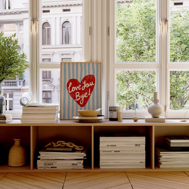 Love You Bye Print, Retro Heart Stripes Poster, Preppy Girly Entryway ...