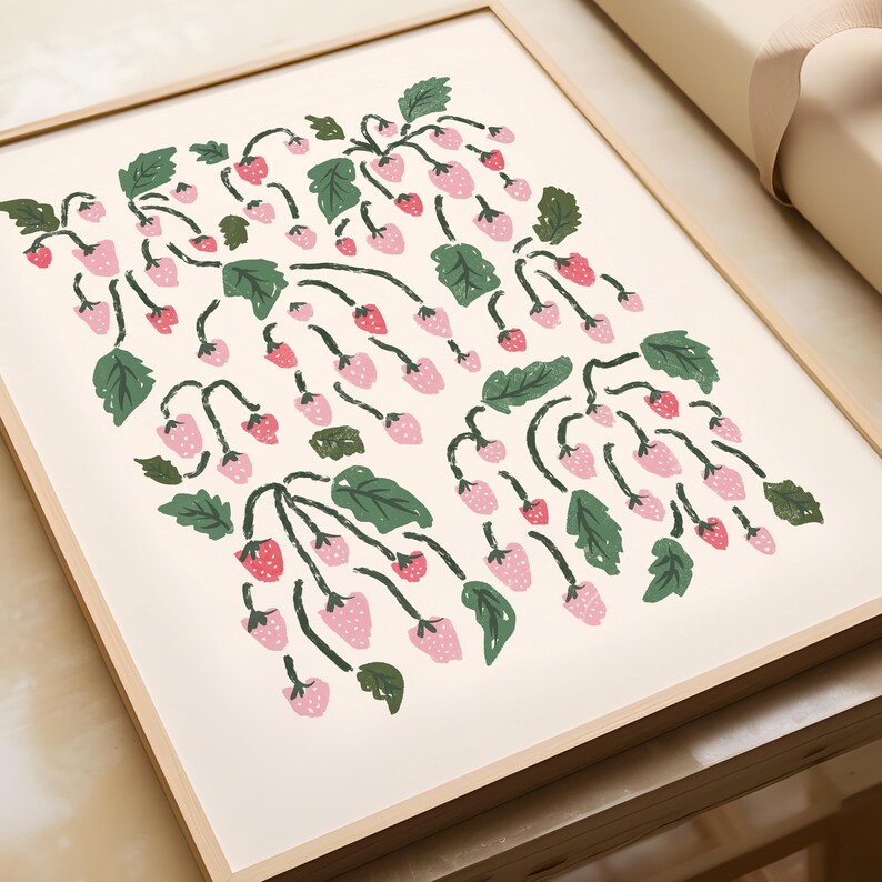 Strawberries Print, Pink Abstract Botanical Poster, Whimsical Wall Art ...