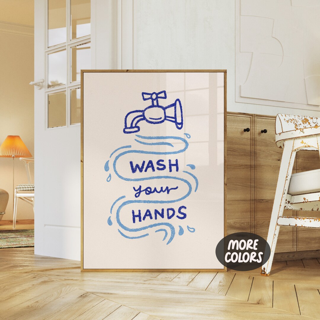 Wash Your Hands Print, Hand Drawn Retro Bathroom Poster, Cute Toilet ...